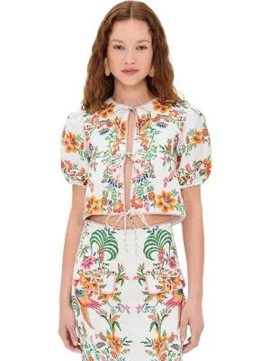 Farm Rio Floral Linen Blouse - Delicate Forest Scarves Off White