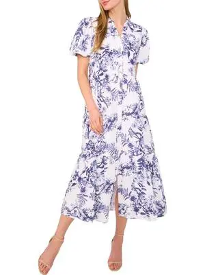 CECE DUPRAZ Floral Tiered Cotton Midi Shirtdress - Ultra White