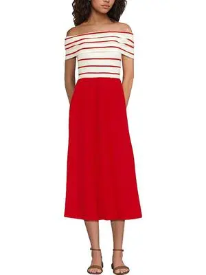 LANDS' END Off-the-shoulder Mixed Media Midi Dress - Ivory/bright Poppy Stripe