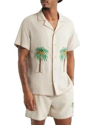 MAVRANS Palm Tree Linen Blend Button-up Shirt - Beige