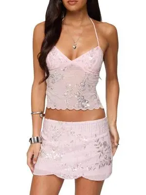 EDIKTED Sequin Beaded Halter Top Light-pink