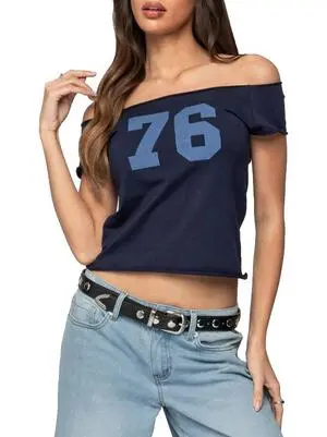 EDIKTED Off The Shoulder Cotton Graphic T-shirt - Navy