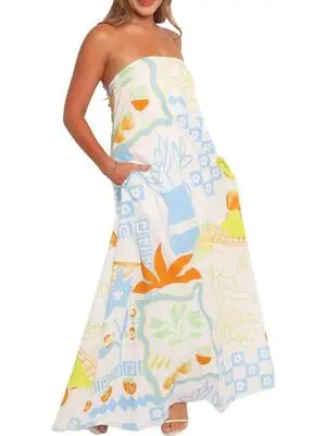 PETAL & PUP Printed Strapless Cotton Maxi Dress - Blue Multi Print