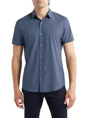 W.R.K Trim Fit Hexagon Print Short Sleeve Performance Button-up Shirt - Navy