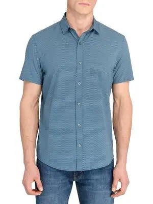 W.R.K Trim Fit Hexagon Print Short Sleeve Performance Button-up Shirt - Teal