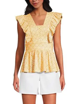 LANDS' END Lightweight Jersey Ruffle Peplum Top - Bright Lemon Mosaic