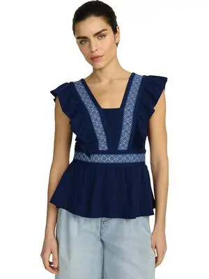 LANDS' END Lightweight Jersey Ruffle Peplum Top - Deep Sea Mosaic Tile Border