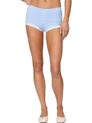 EDIKTED Lace Trim Ribbed Shorts - Light-blue