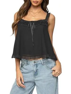 EDIKTED Ruffle Mesh Babydoll Tank Top - Black