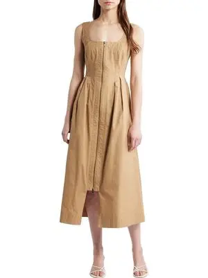 ZOE AND CLAIRE Pleated Cotton Zip Midi Dress - Khaki