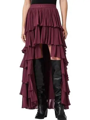 ALLSAINTS Cavarly Layered Ruffle High-low Maxi Skirt - Tawny Port Red