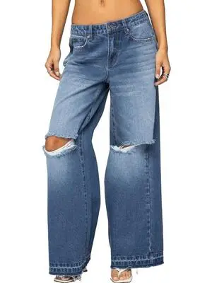 EDIKTED Xenia Ripped Low Rise Wide Leg Jeans - Blue