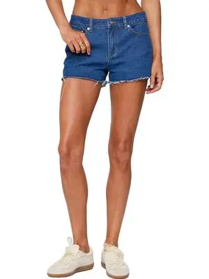 EDIKTED Birdy Low Rise Denim Shorts - Blue-washed