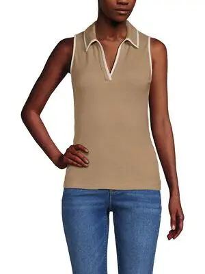 LANDS' END Drapey Rib Sleeveless Johnny Collar Polo Shirt - Rich Camel