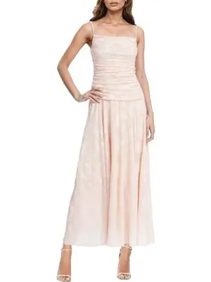 Badgley Mischka Ruched Bodice Jacquard Gown - Peach