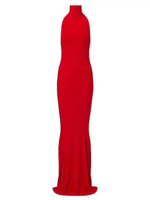 Norma Kamali Halter Turtle Fishtail Gown - Tiger Red