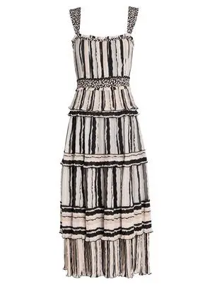 Diane Von Furstenberg Cato Tiered Striped Georgette Midi Dress - Black