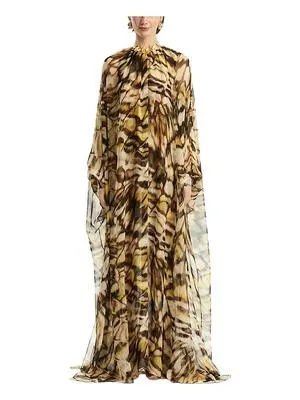 Oscar De La Renta Long Sleeve Abstract Butterfly Silk Chiffon Caftan - Black Multi