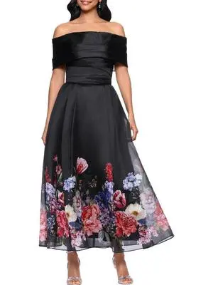 Betsy & Adam Placed Floral Off-the-shoulder Gown - Black/ Red