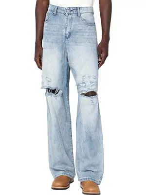 BASKETCASE Washed Wide Leg Ripped Jeans - Light Blue