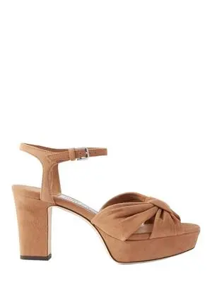 JIMMY CHOO Heloise 80 Knotted Suede Platform Sandals - Brown