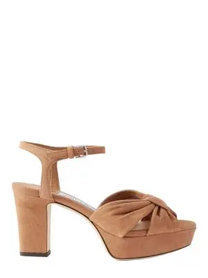JIMMY CHOO Heloise 80 Knotted Suede Platform Sandals Tan