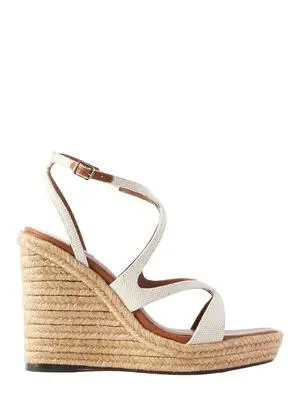 JIMMY CHOO Ayla 110 Leather-trimmed Canvas Espadrille Wedge Sandals - Cream