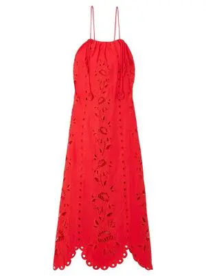 Farm Rio Embellished Broderie Anglaise Linen-blend Midi Dress - Red
