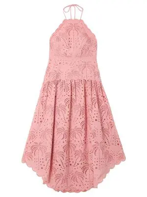 Farm Rio Palm Tree Scalloped Broderie Anglaise Cotton Midi Dress - Pink