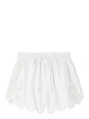 Farm Rio Flowers Richelieu Scalloped Broderie Anglaise Linen Shorts - Off-white