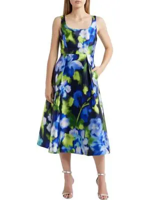 Julia Jordan Printed Pleated Sleeveless Midi Dress - Navy Multi