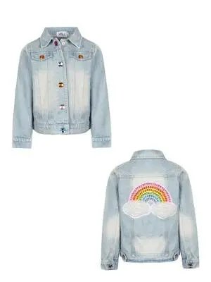 LOLA + THE BOYS Denim Jacket With Rainbow Pearl Embellishment - Blue