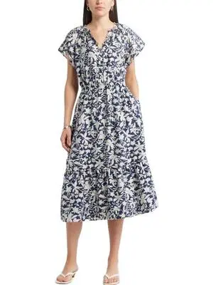 Caslon Front Button Midi Dress - Navy- White Morgan Floral