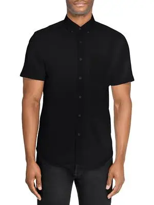 W.R.K Hudson Reworked Slim Fit Solid Short Sleeve Cotton Button-up Shirt - Black