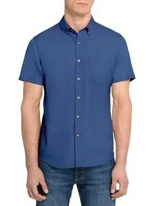 W.R.K Hudson Reworked Slim Fit Solid Short Sleeve Cotton Button-up Shirt - Med Blue