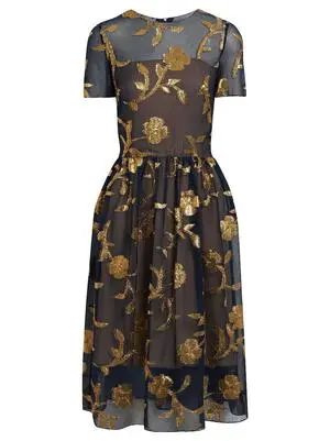 Oscar De La Renta Metallic Fil Coupé Silk-blend Chiffon Midi Dress - Navy