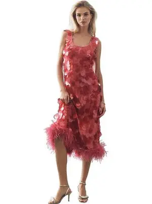 HUTCH Sleeveless Sequin Feather-trim Midi Dress - Pink