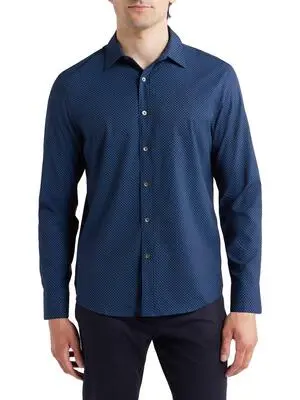 W.R.K Trim Fit Abstract Cube Print Performance Button-up Shirt Navy