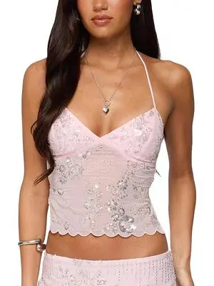 EDIKTED Beaded Sequin Chiffon Top - Light-pink