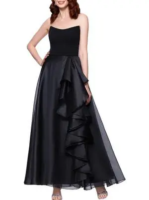 Betsy & Adam Ruffle Strapless Mixed Media Gown - Black