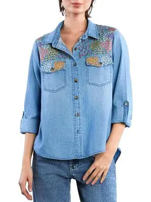 BILLY T Flower Patch Embroidered Button-up Shirt - Denim