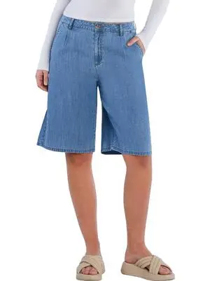 HINT OF BLU Pleated Mid-Rise Denim Bermuda Shorts Lake Champlain