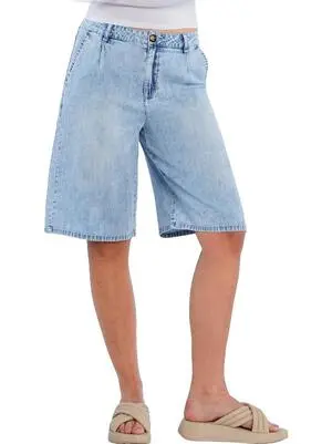 HINT OF BLU Pleated Mid-rise Denim Bermuda Shorts - Lake Havasu