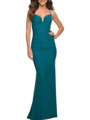 LABOMME Luxe Jersey Gown With Deep V-neckline - Dark Teal