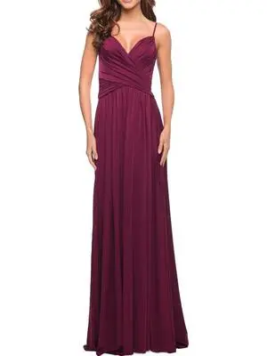 LABOMME Criss-Cross Ruched Bodice Jersey Gown Dark Berry