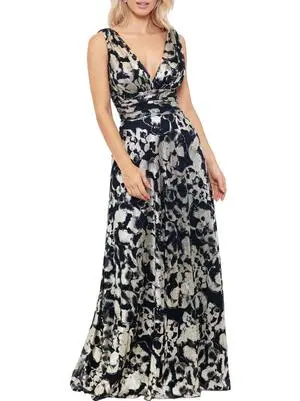 Betsy & Adam Foil Deep V-neck Sleeveless Gown - Navy/ Gold