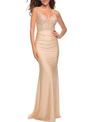 LABOMME Lace Bodice Jersey Gown - Light Gold