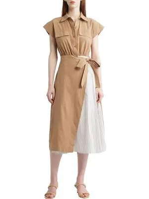 ZOE AND CLAIRE Mixed Media Tie Waist Midi Shirtdress - Khaki