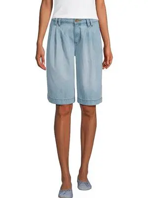 LANDS' END Lightweight Denim Pleated Slouchy Shorts Breeze Blue Wash