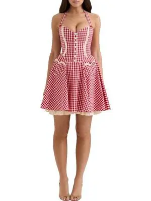 House Of Cb Heidi Gingham Halter Minidress - Gingham Savvy Red White Smoke